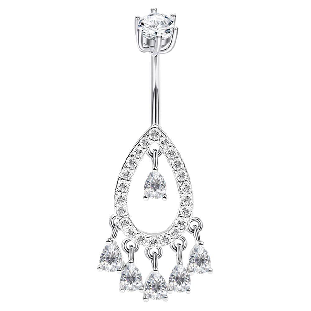 Arardo Sterling Silver Belly Button Rings, Real 925 Sterling Silver, Flower CZ Belly Piercing, 14G Sterling Silver Navel Piercing Rings, Dangle Big Teardrop, 10mm, SS25-1
