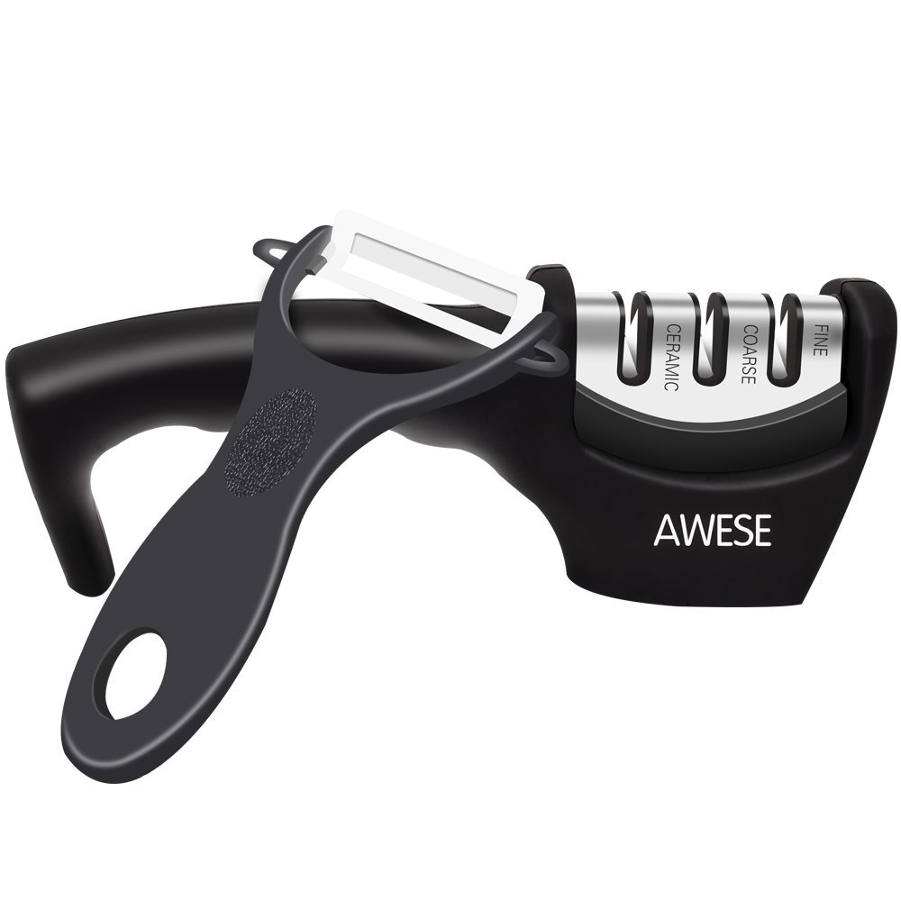 AWESE So Sharpening Stone, 3 Stage Sharpening System for Knives, Ceramic Peeler, Sharpens Dull Knives Quickly,Safe And Easy To Use