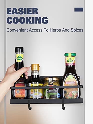 BRONYPRO Magnetic Spice Rack, 2 Pack Magnetic Shelf for Refrigerator, Large Spice Rack, Space Saver for Small Kitchen, Hanging Magnetic Storage With 4 Hooks, for Spices, Plates, Books, Plants(Black)