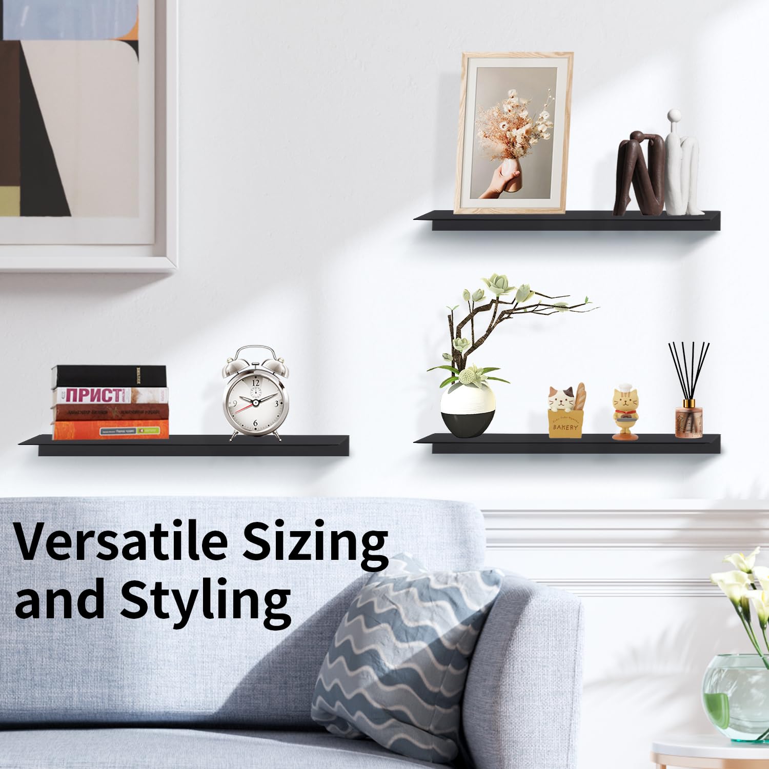 Zoomers Floating Wall Shelves, 2pc Small Shelves for Wall.Small Floating Shelf for Living Room, Bedroom, Kitchen.Small Metal Shelf with Lip (8'', Black)