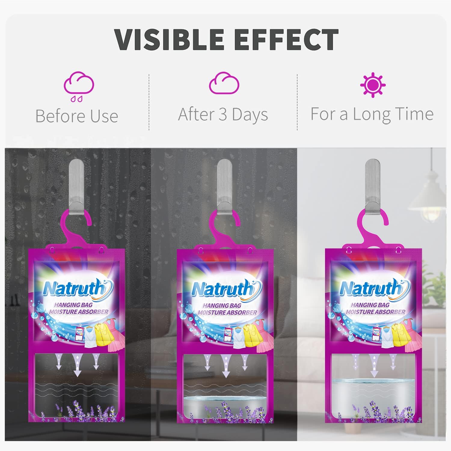 NATRUTH 8-PACK Moisture Absorber Bags With Lavender,Desiccant Hanging Bag Use for Kitchen Bathroom Wardrobe, Eliminates Odors,Odor Absorber Humidity Packs, Hanging Closet Dehumidifier Bags for Closet