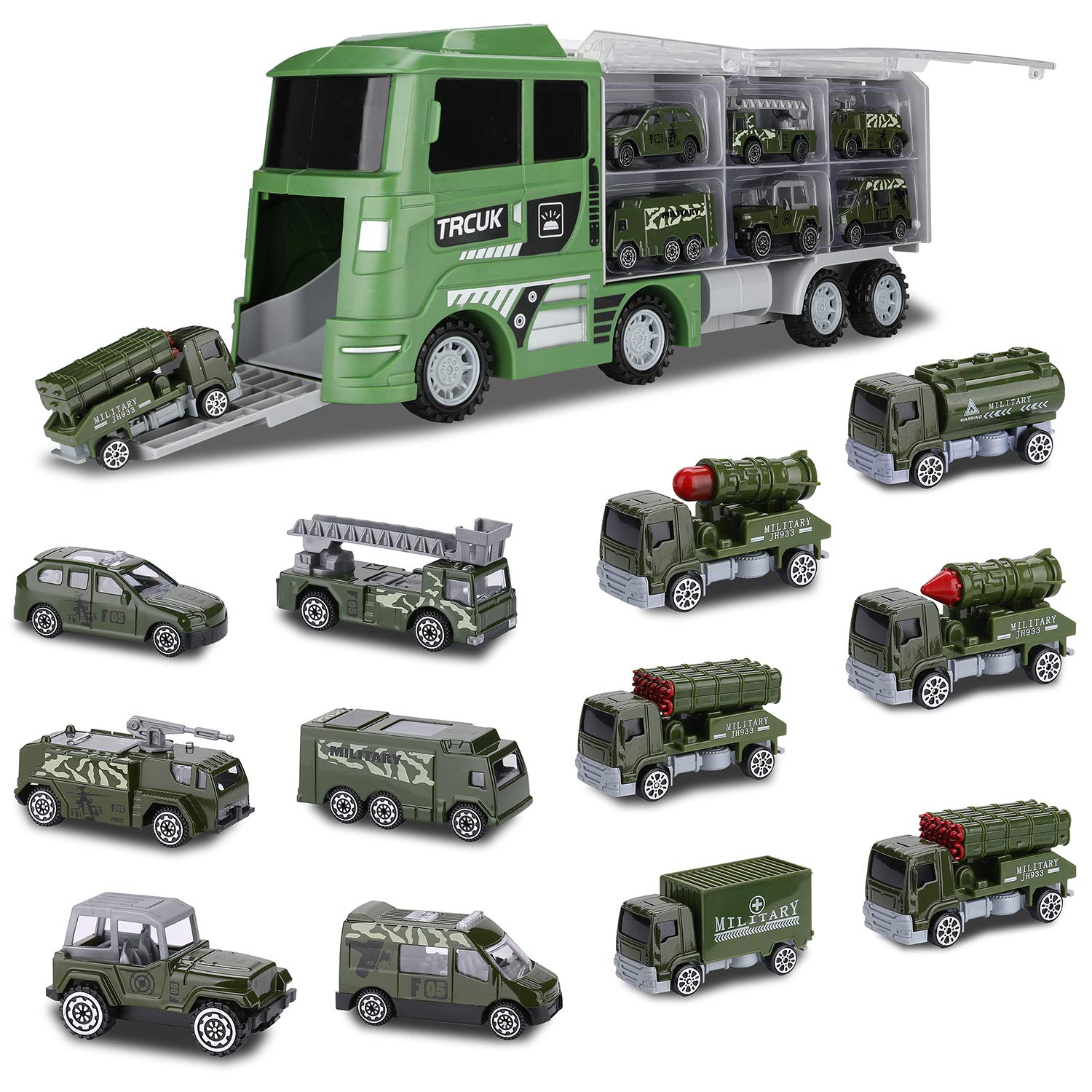 Hautton Diecast Military Vehicles Toy Set, 12 in 1 Mini Alloy Metal Army Battle-Car in Carrier Truck Transport Car Gift for Boys Kids Children