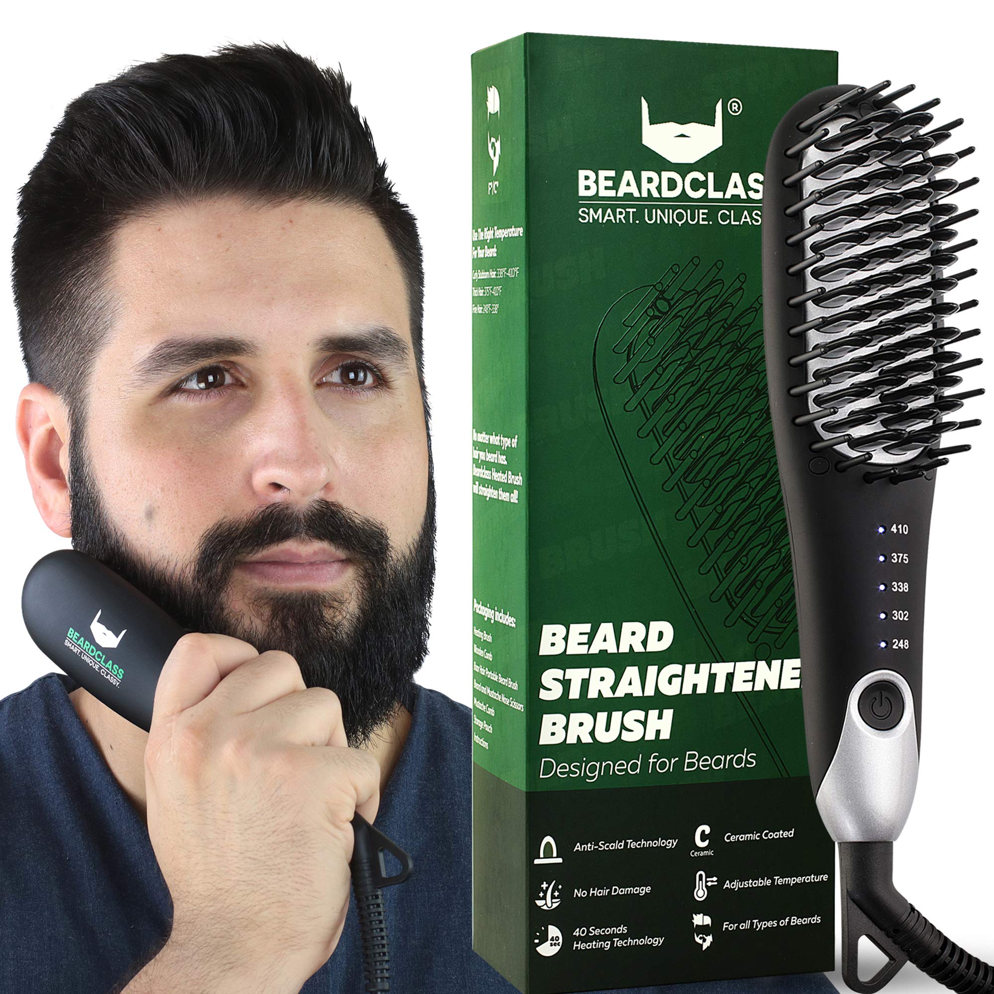 BEARDCLASS Premium Beard Straightener Comb - USA Designed for Beards! Fast Heating Electric Straightening Brush for Men with Anti-Scald Technology - Adjustable Temperature Portable Heated Straightner
