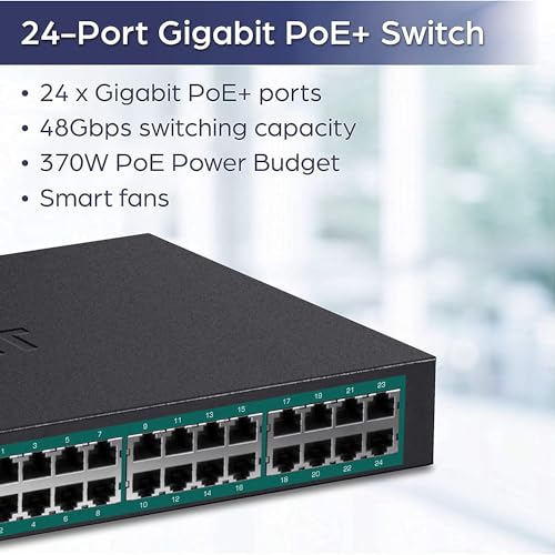 TRENDnet 24-Port Gigabit PoE+ Switch, 24 x Gigabit PoE+ Ports, 370W Power Budget, 48Gbps Switch Capacity, RackMount Kit Included, Ethernet Network Switch, Metal, Lifetime Protection, Black, TPE-TG240G