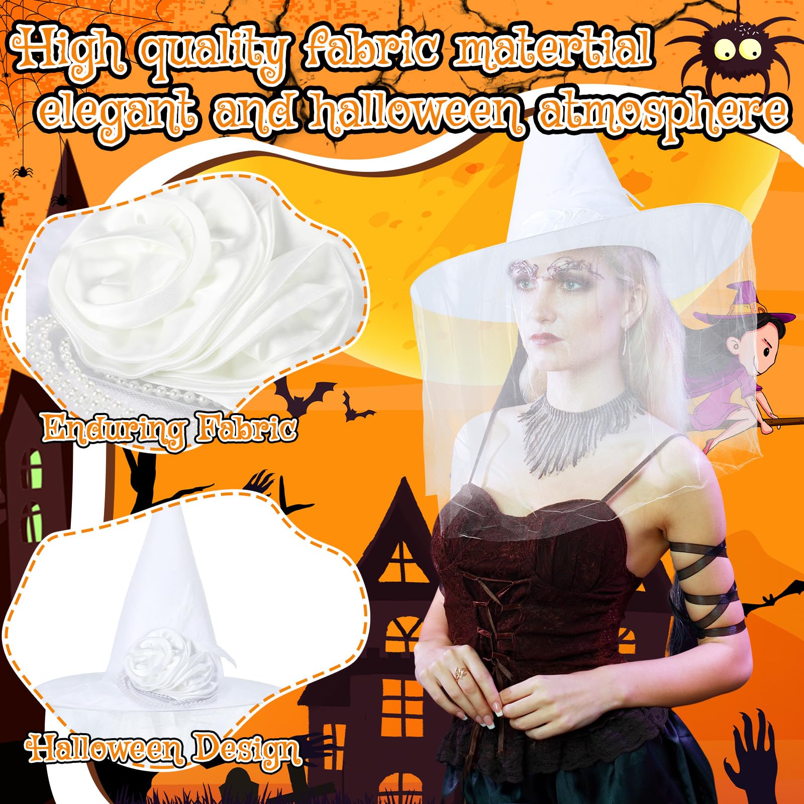 Panitay Halloween Bride Witch Hat White Witches Hat with Veil Flower Feather Accessories Witch Costume for Women