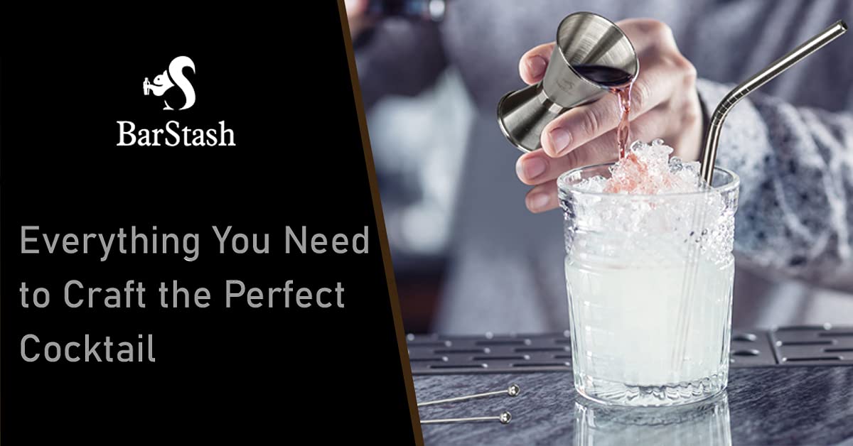 BarStash Bartender Kit - Premium Bar Tools Set with Unique Wooden Stand - House Warming Gifts New Home - Bar Accessories Home Bar Set, Cocktail Set, Bar Kit - Cocktail Recipe E-Book -Stainless Steel