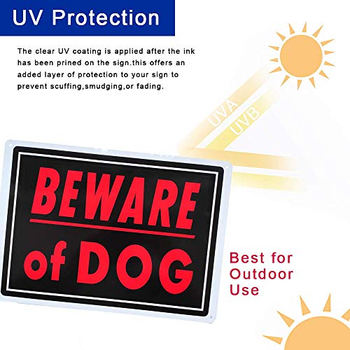 Beware of Dog Sign Meta 14x10 inch Rust Free Aluminum, UV Printed, Easy to Mount Weather Resistant for Fence (4 Pack)