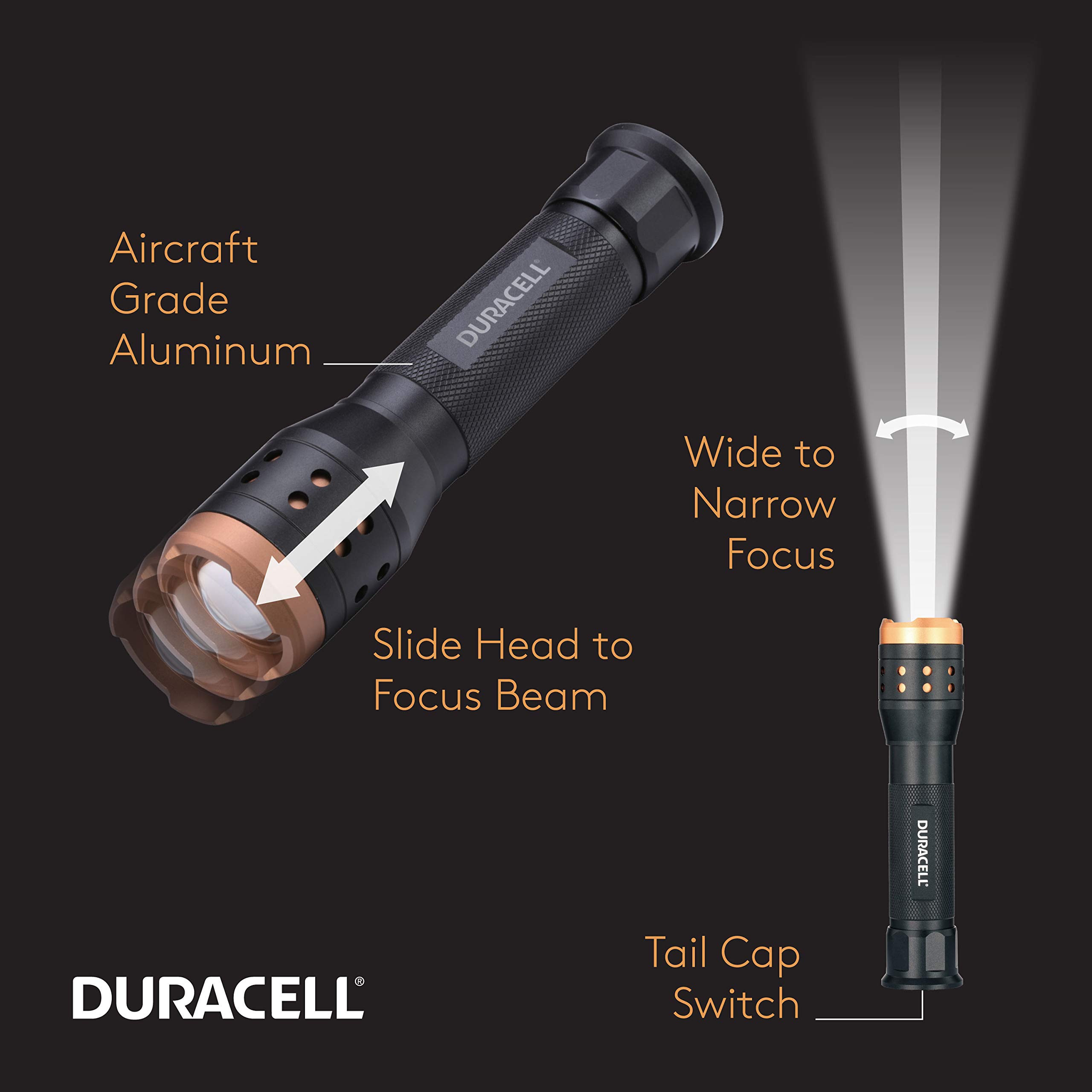 DURACELL 1,000 Lumen Aluminum Focusing Flashlight for Everyday Use - Ultra-Light and Easy to Carry Design with 3 Modes and 3-C Batteries Included. Great for in-Door & Out-Door Use