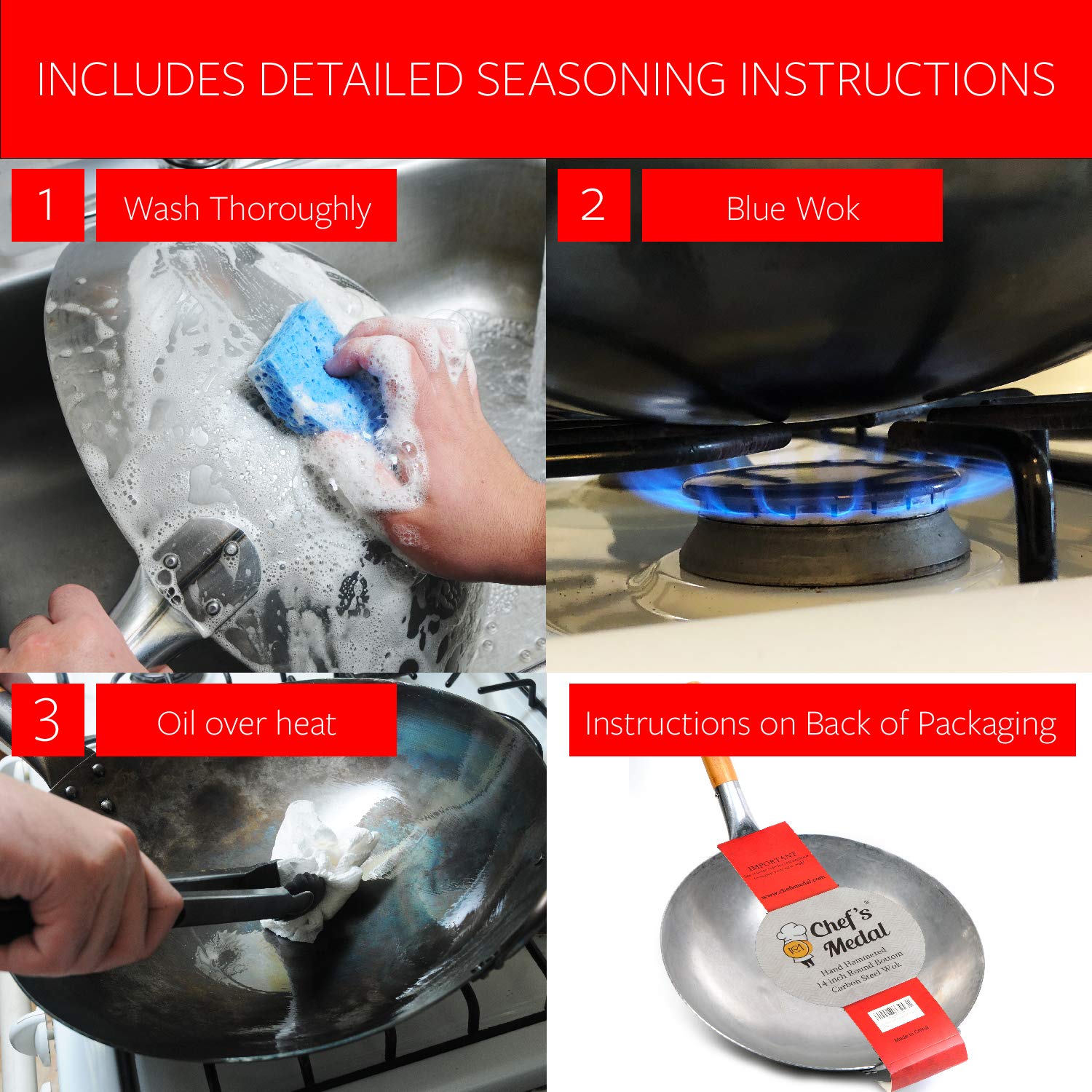 Chef's Medal Traditional Hand Hammered Carbon Steel Pow Wok with Bamboo and Steel Helper Handle - 14 Inch, Round Bottom