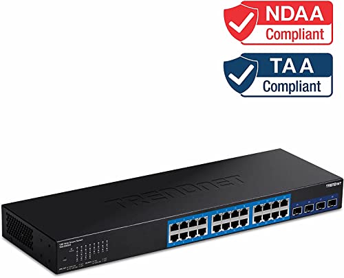TRENDnet 28-Port Web Smart Switch, 24 x Gigabit Ports, 4 x 10G SFP+ Slots, High Speed Network Uplinks, 128 Gbps Switching Capacity,1U Rack Mountable,Lifetime Protection, Black, TEG-30284