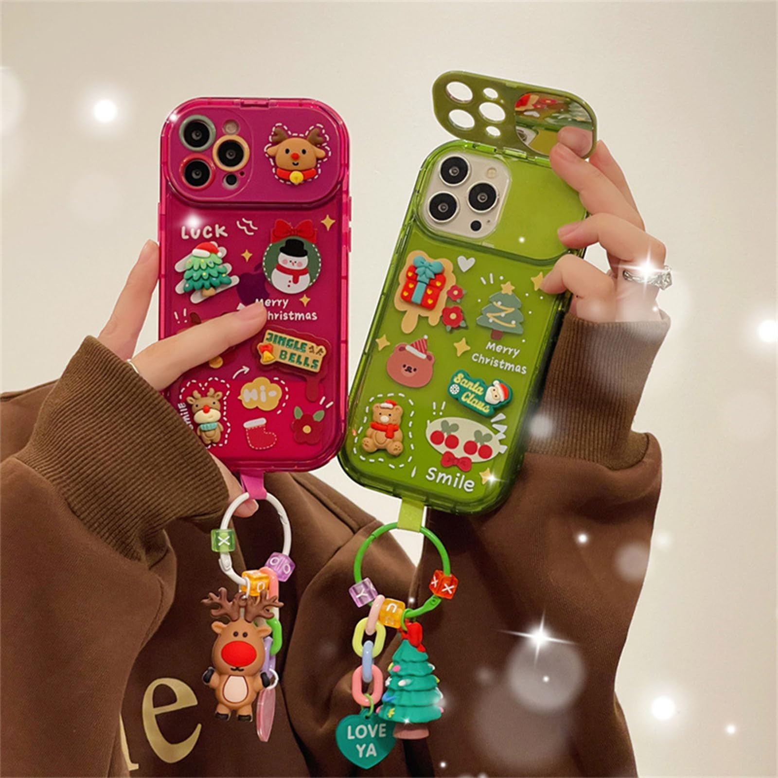 ASSOYEZ Christmas Tree Pendant Flip Mirror Case Cover for iPhone 15 14 13, Cute Soft Silicone Merry Christmas Phone Case Compatible for iPhone (Red,for iPhone15 pro)