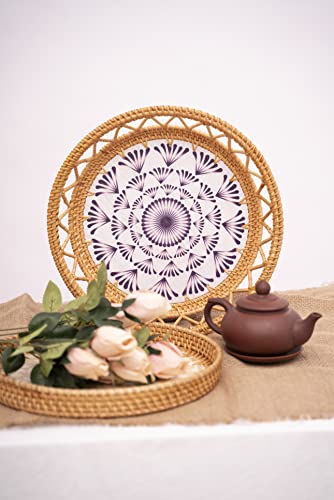 BemiaoCrafts 13" Round Boho Rattan Tray with Wooden Base, Decorative Tray, Rustic Style, Lacquer Serving Basket for Breakfast Food, Round Tray as Coffee Table Decor, Storage and Display