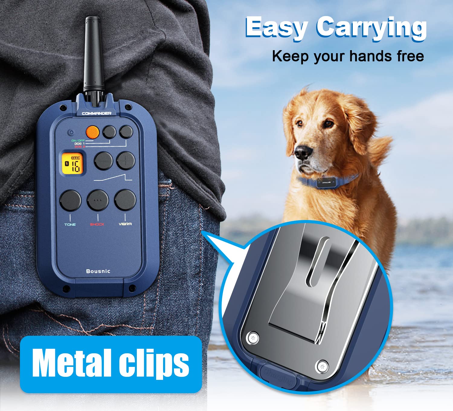 Bousnic Dog Shock Collar with Remote - ¾ Mile Electronic Training Collar for (15-140lbs) Medium Large Dogs, Waterproof Rechargeable Dog E Collar with 3 Modes, Beep, Vibration, Safe Shock(1-16 Levels)