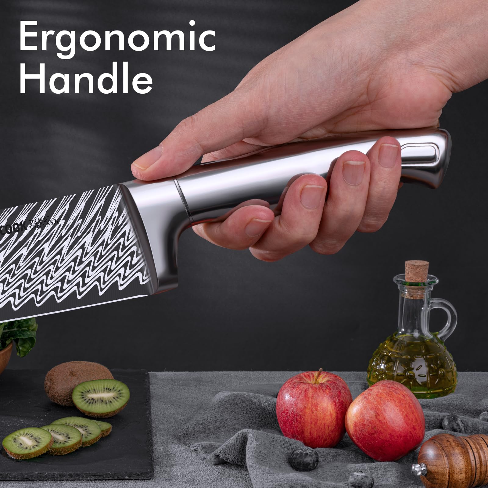 Astercook Knife Set, 20 Pieces Damascus Kitchen Knife Set with Block, Built-in Knife Sharpener, German Stainless Steel Knife Block Set, Dishwasher Safe