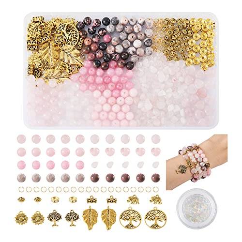 Boutigem 164pcs 8mm Pink Gemstone Round Beads Mixed Natural Stone Healing Beads Rhinestone Spacer Beads Elephant Pendants for Energy Yoga Bracelet Necklace Jewelry Craft DIY Making