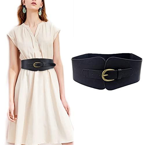 AWOCAN Women Leather PU Elastic Stretchy Corset Cinch Belt Print Retro Cinch Belt Wide Waist Belt (black)