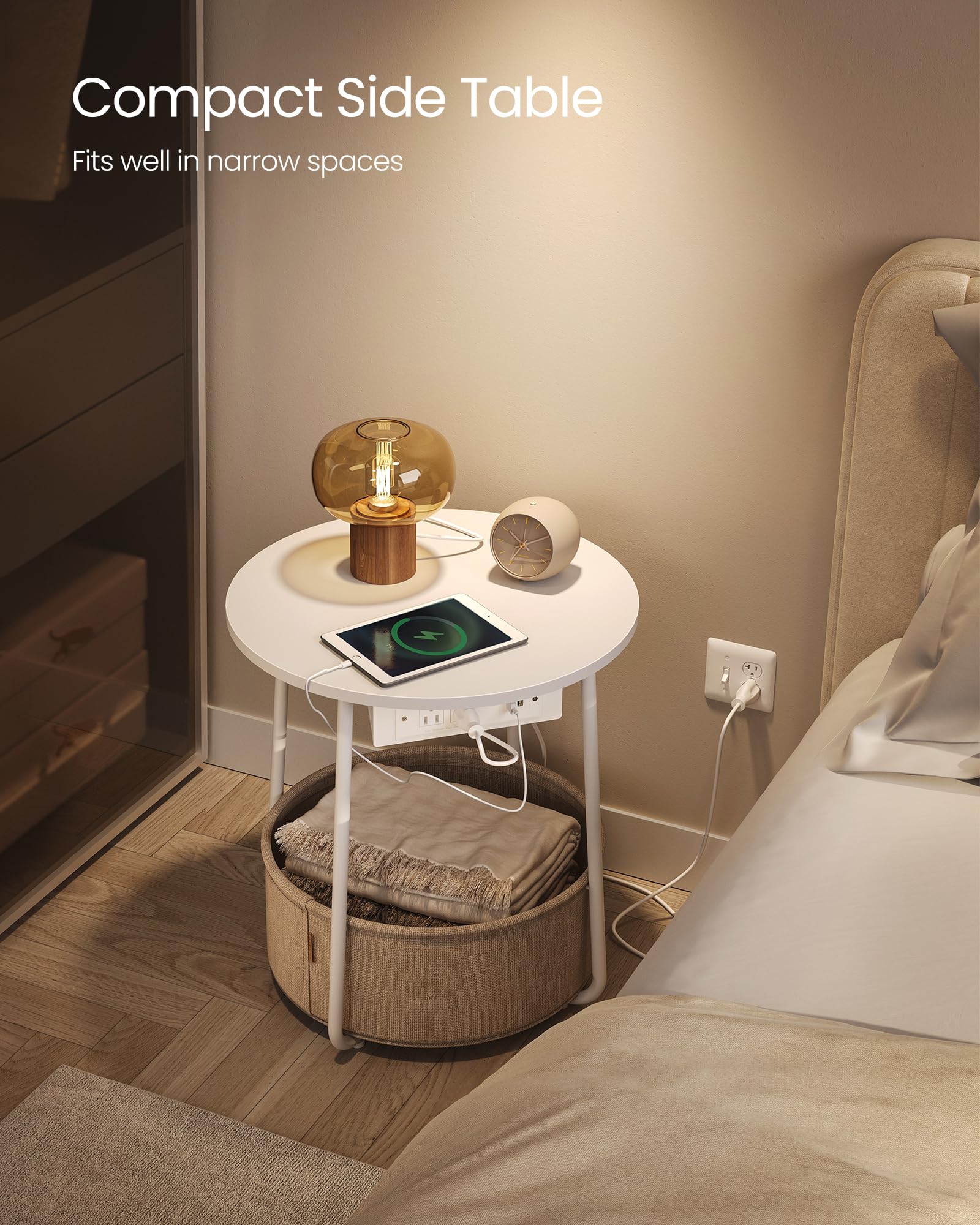 VASAGLE Side Table with Charging Station, Round End Table With Fabric Basket, Nightstand with Power Outlets USB Ports, for Living Room, Bedroom, Modern, Matte White and Camel Brown ULET228W01