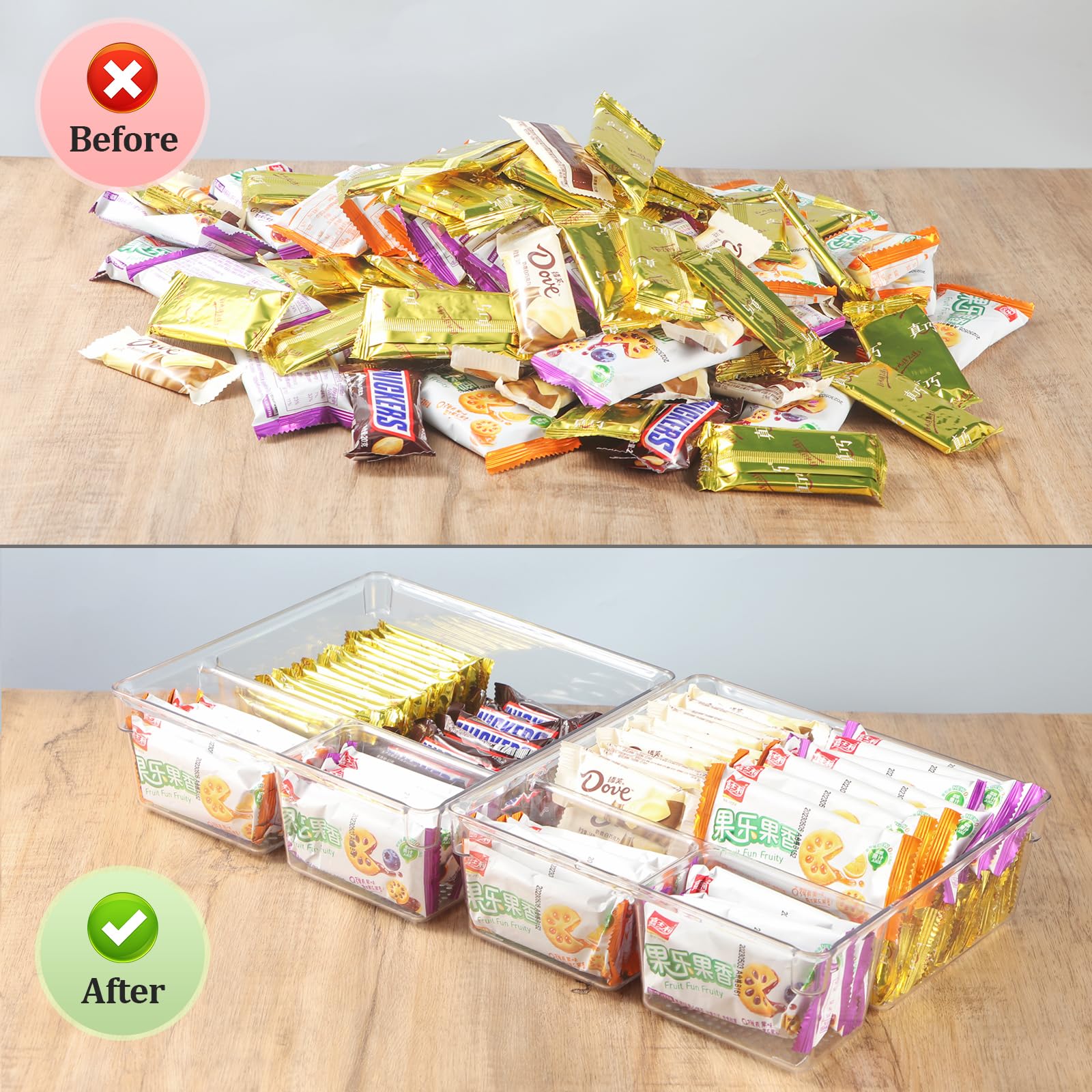 CherHome Drawer Organizer，2PCS Clear Organization and Storage Set，Desk Drawer Organizer Food Snack Organizer，Plastic Organizer Bins for Kitchen Drawer，Bathroom，Makeup and Office(13 X 8.9 X 2.3in)