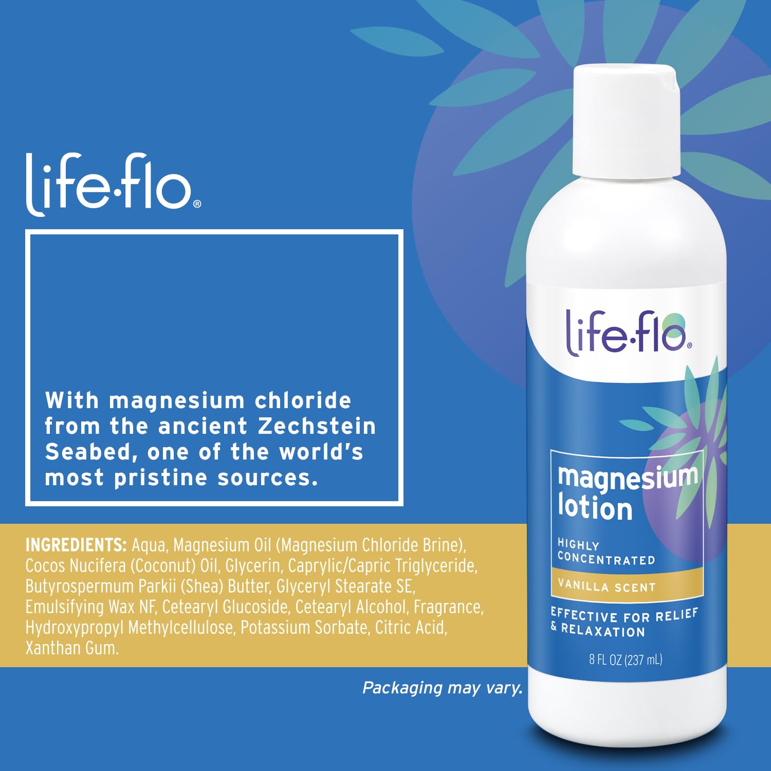 Life-flo Magnesium Lotion, Vanilla Scent - Relief and Relaxation with Magnesium Chloride from The Zechstein Seabed - Dermatologist Tested, Hypoallergenic, 60-Day Guarantee, Not Tested on Animals, 8oz