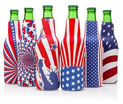 Beer Bottle sleeves - Set of 6 Zipper American Flag Theme Coolies - Extra Thick Neoprene - Fully stitched, Non-Glued Base - Bonus Bottle Opener - Trendy & Awesome Gift or Hosting Item #6USF