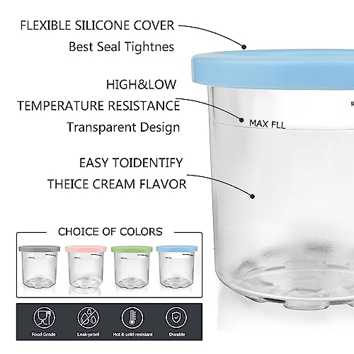 BBAUER Ice Cream Pints Containers 4 Pack for Ninja Creami Pints and Lids,16oz Cup Compatible with NC301 NC300 NC299AMZ Series Ice Cream Maker,Reusable,4 PC Ice Cream Spoons,Pink/Green/Grey/Blue