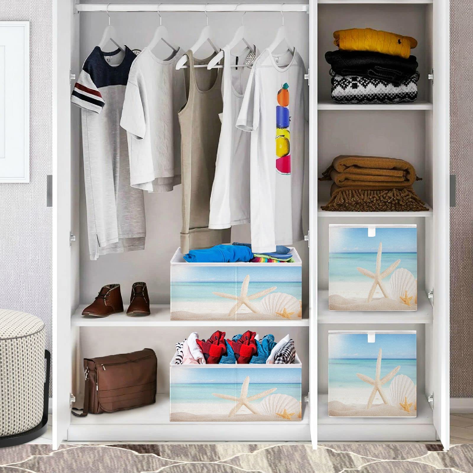 Beach Shelf Baskets for Organizing,Closet Storage Bins Large Collapsible Storage Baskets with Handles for Closet,15X10.5X7 In, Beaches-shells-starfish-summer-sand-sun-seashe,ODK1353