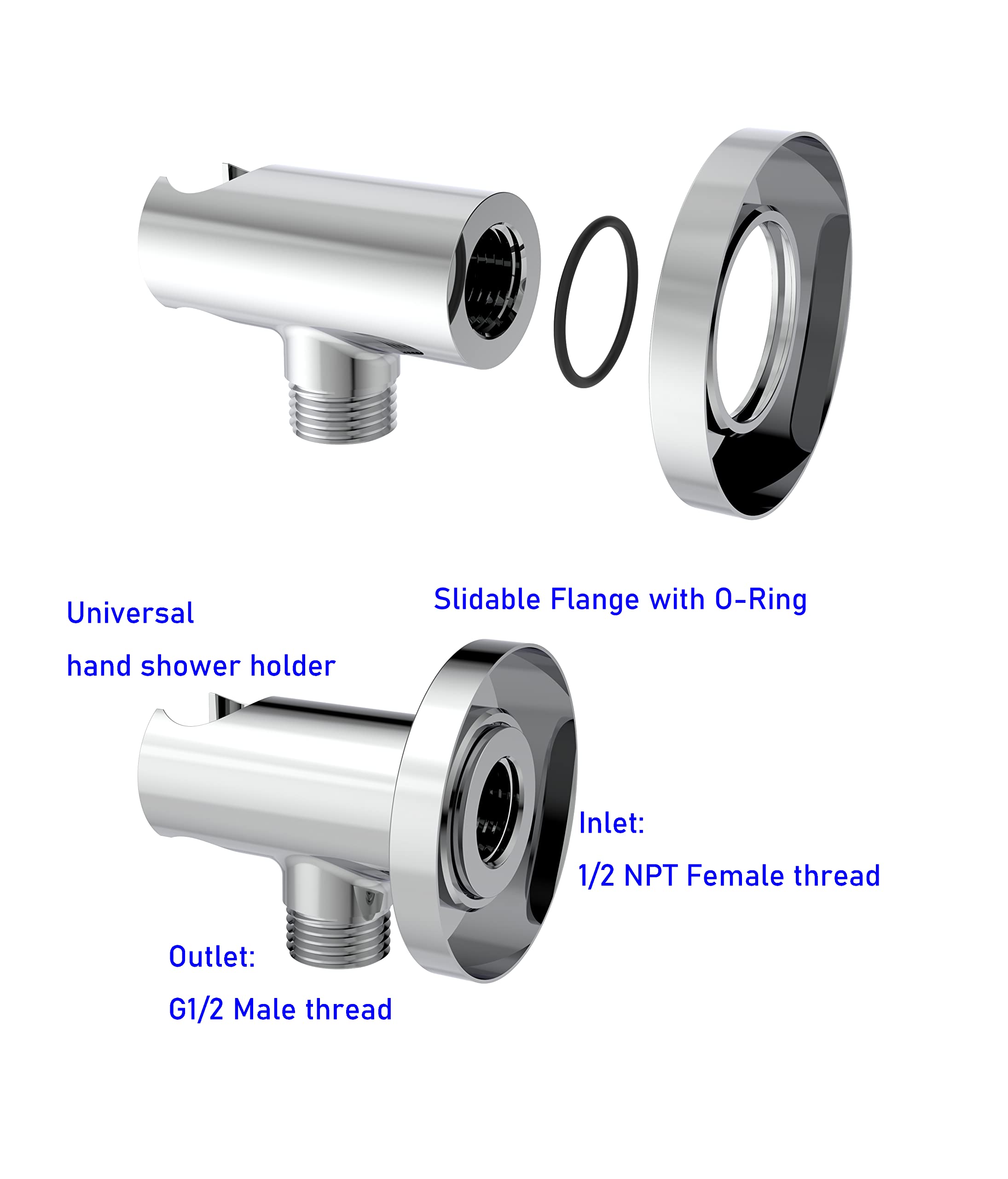 Aquaiaw Wall Supply Elbow with O-Ring Flange, Tapered 1/2 NPT Female Inlet, Solid Brass Wall Union W/Handshower Holder, Round Wall Supply Elbow W/Hand Shower bracket, Polished Chrome, G1/2 Outlet