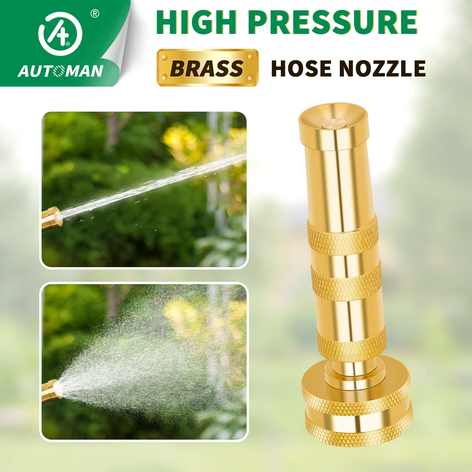 AUTOMAN Brass Hose Nozzle β High Pressure Jet Nozzles 2 Pack, Heavy Duty Sprayer for Garden Hoses, Adjustable Spray Gun, Solid Twist Water Hose Nozzle for Patio, Lawn, Car Wash, Extra 6 Rubber Washers