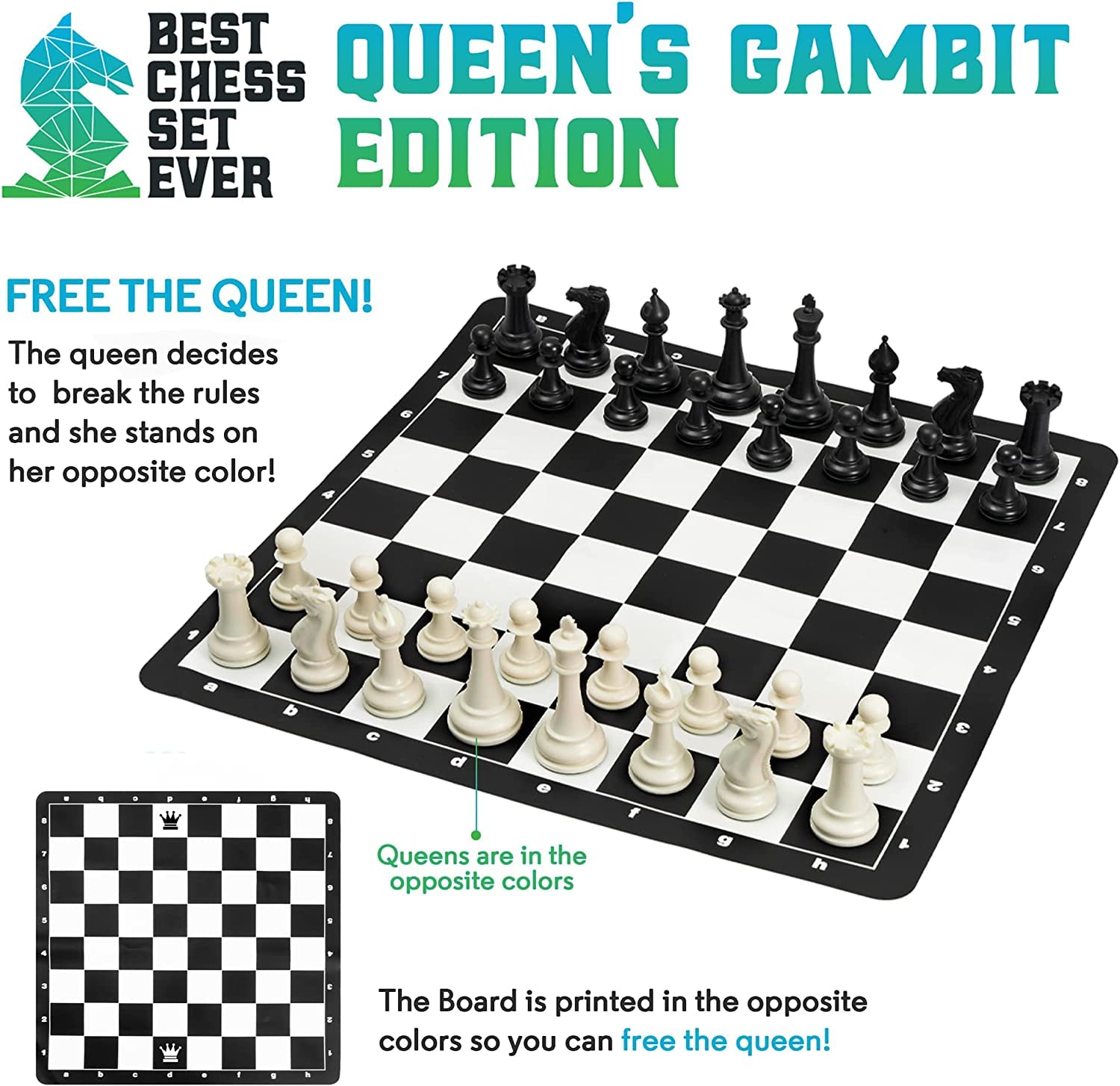 Best Chess Set Ever Queen's Gambit Edition Chess Set, 1X Single Weighted Staunton Pieces, with 20 in x 20 in Foldable Silicone Board, Single Weight Edition
