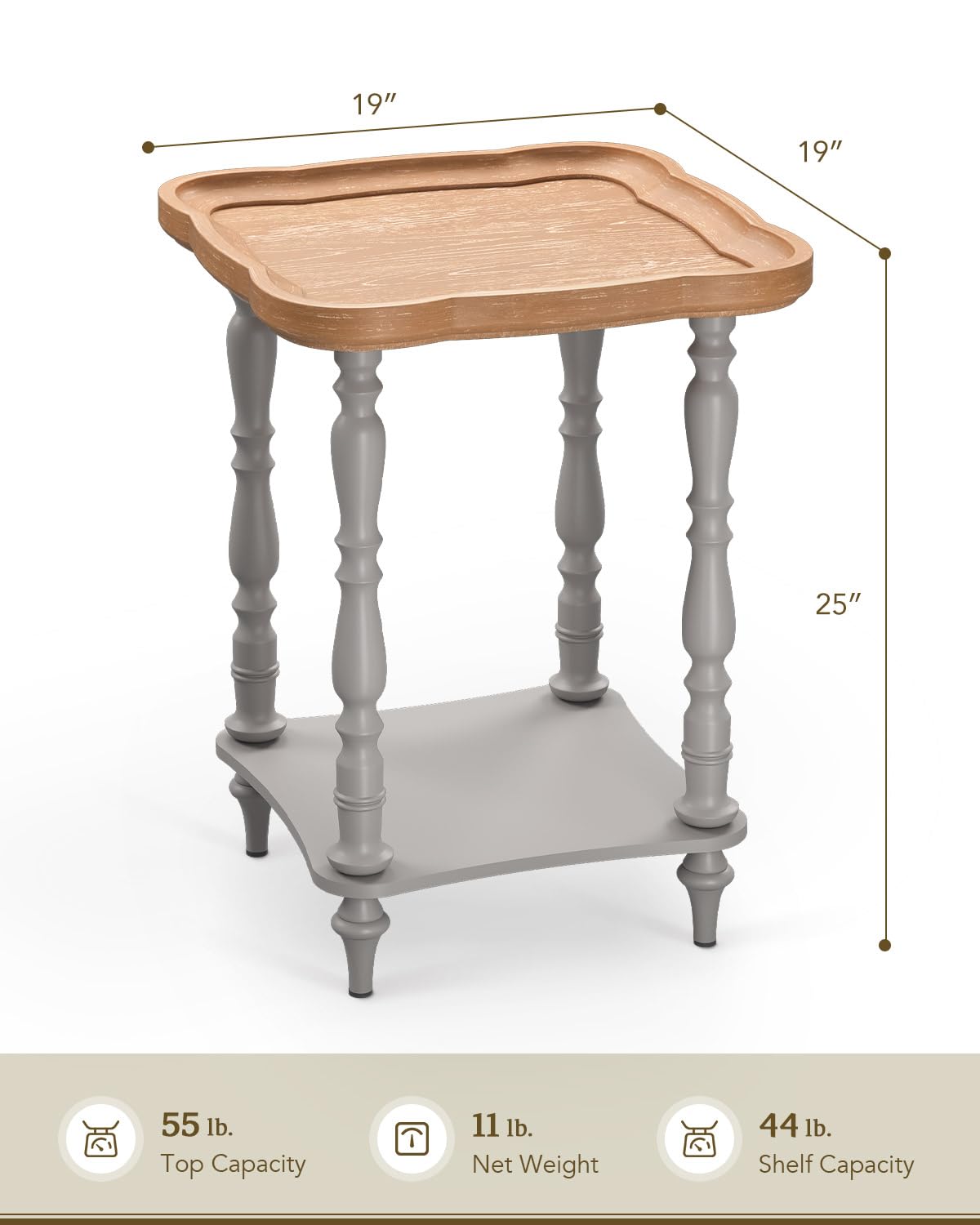 VONLUCE French Country End Table, 19'' Square Farmhouse Side Table, Distressed Wood Tray Top Rustic Accent Table for Living Room Bedroom, Small Space, Beige