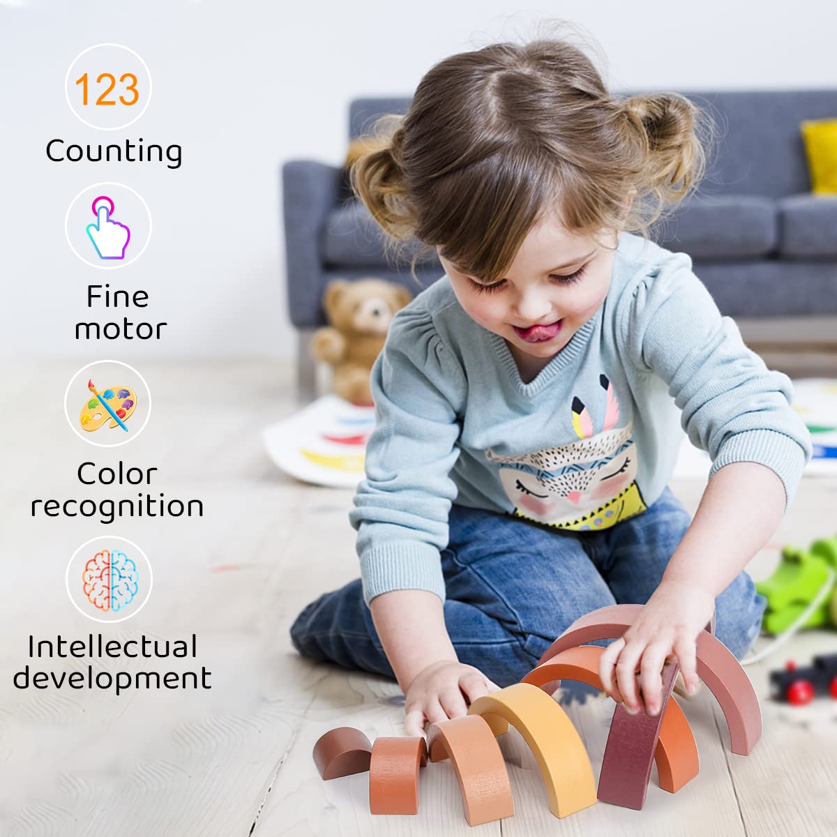 Wooden Rainbow Stacker Nesting Puzzle Blocks, 7pcs Wooden Sorting & Stacking Toys for Toddlers, Building Blocks Set Early Educational Montessori Matching Toys for Preschool Boys Girls