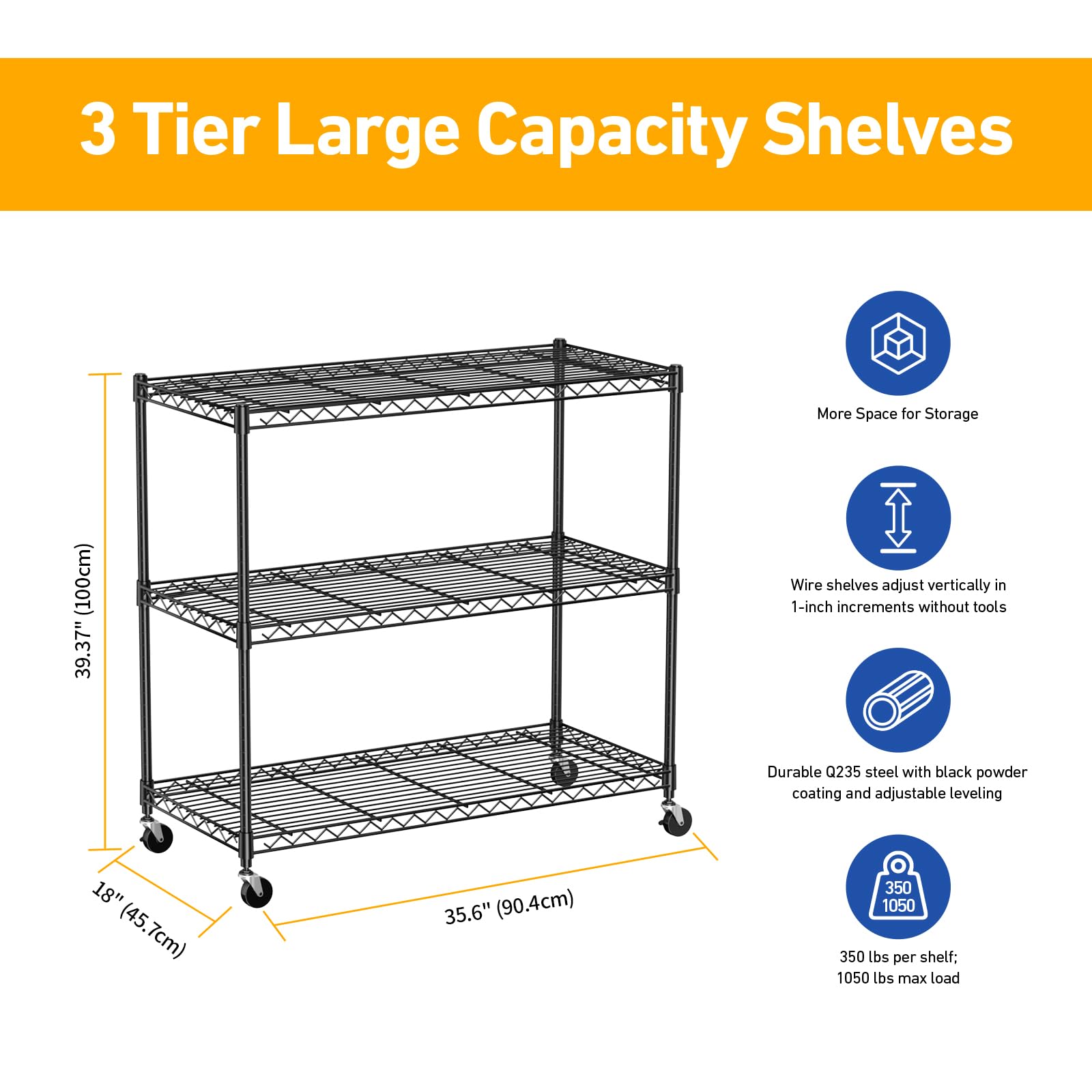 LaCyan 3-Tier Adjustable Storage Shelving Unit, Heavy Duty Steel Wire Rack with Wheels and Adjustable Feet for Pantry, Garage, Bakers Rack Kitchen Shelving (350 lbs/Shelf), Black