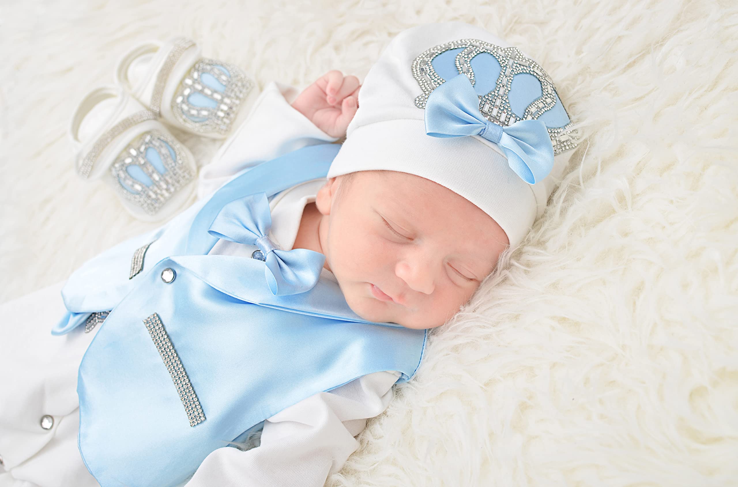 Lilax Baby Boy Jewels Crown Tuxedo Outfit Layette 5 Piece Gift Set 0-3 Months Blue