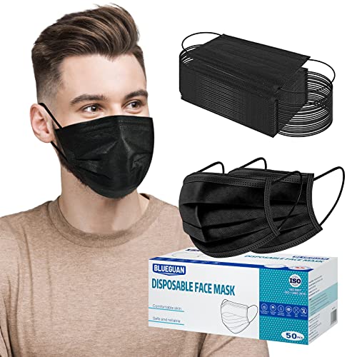 Black Disposable Face Masks - 50 Pack Black Masks for Women and Men,3 Ply Breathable Adult Face Masks