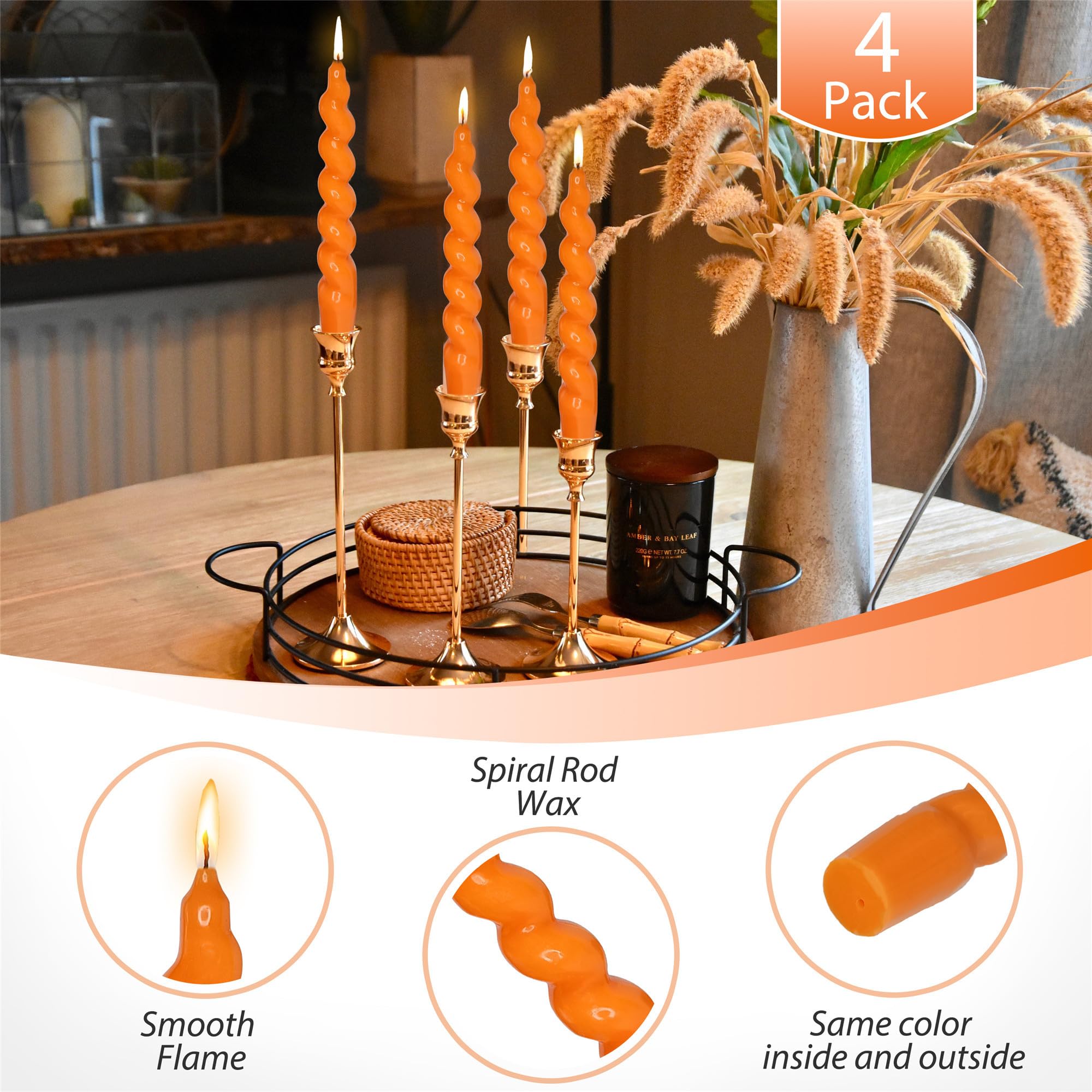 Gedengni Taper Candle Twisted Candlesticks -Gedengni 4pcs Short Candle Sticks 7inches Orange Tapered Candles Small Spiral Candles for Home Dinner Weddings Festive Party (2D4PC-ORANGE)
