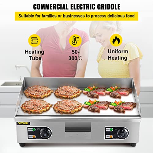 VEVOR Commercial Electric Griddle, 26" Teppanyaki Grill, 3200W Electric Flat Top Grill, Stainless Steel Electric Countertop Griddle w/Drip Hole, 50-300℃ Electric Griddle for Pancake, Chicken(No Plug)