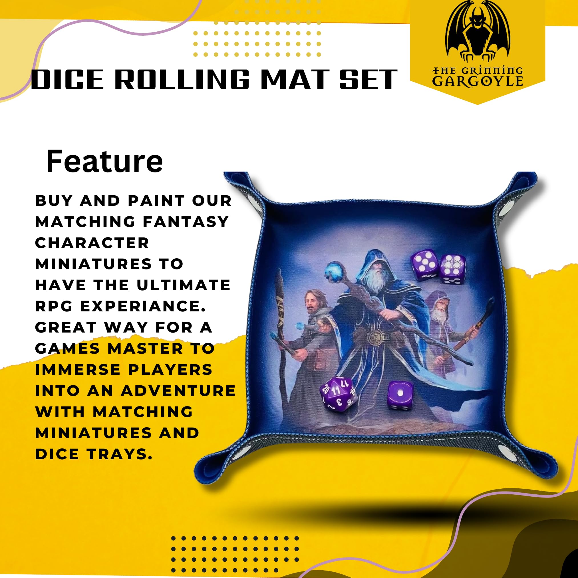 Grinning Gargoyle - 4X Fantasy RPG Character Dice Tray Set - Collapsible Dice Rolling Tray - Dice Trays for Polyhedral Die - DND Roleplaying Game Pads- Wizard Fighter Cleric Rogue - Portable Pad Gift