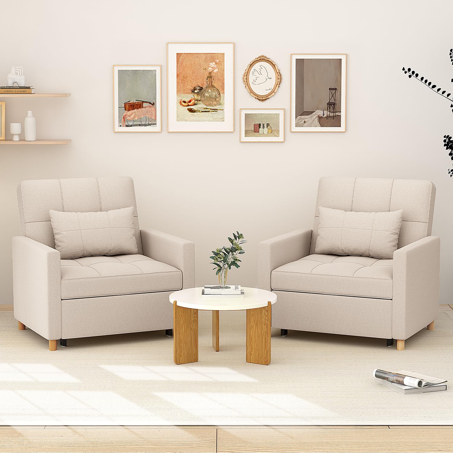YODOLLA Sleeper Chair, 3 in 1 Chair Bed Sleeper for Adults, Fold Out Sofa Cama with Pillow and Convertible Backrest, Multi-Functional Couch Loveseat Reading Chair for Small Space, Beige