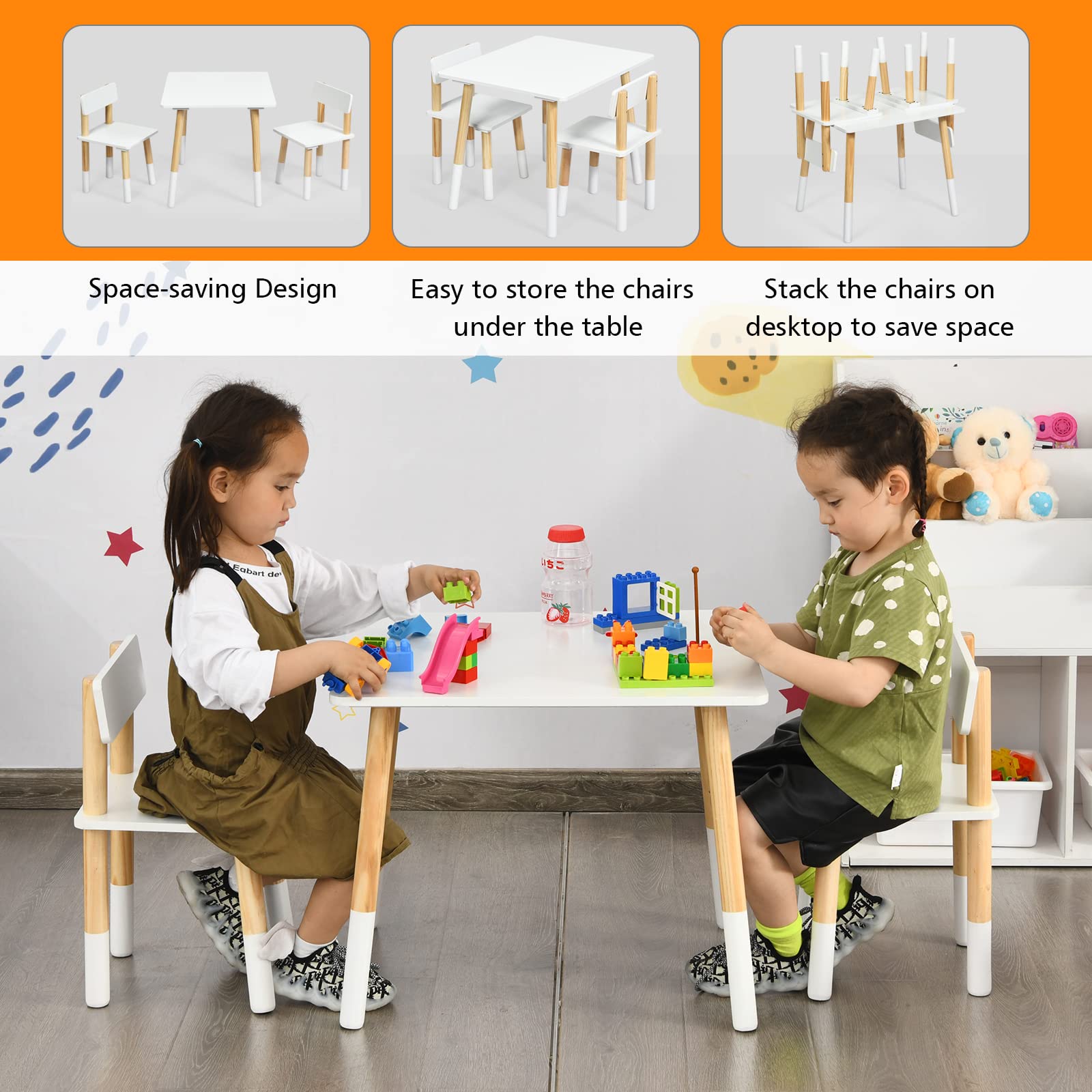 HONEY JOY Kids Table and Chair Set, Wooden Children Activity Table and 2 Chairs Set for Art, Craft & Snack Time, 3-Piece Toddler Furniture Set for Daycare & Playroom, Gift for Boys Girls (Light White)