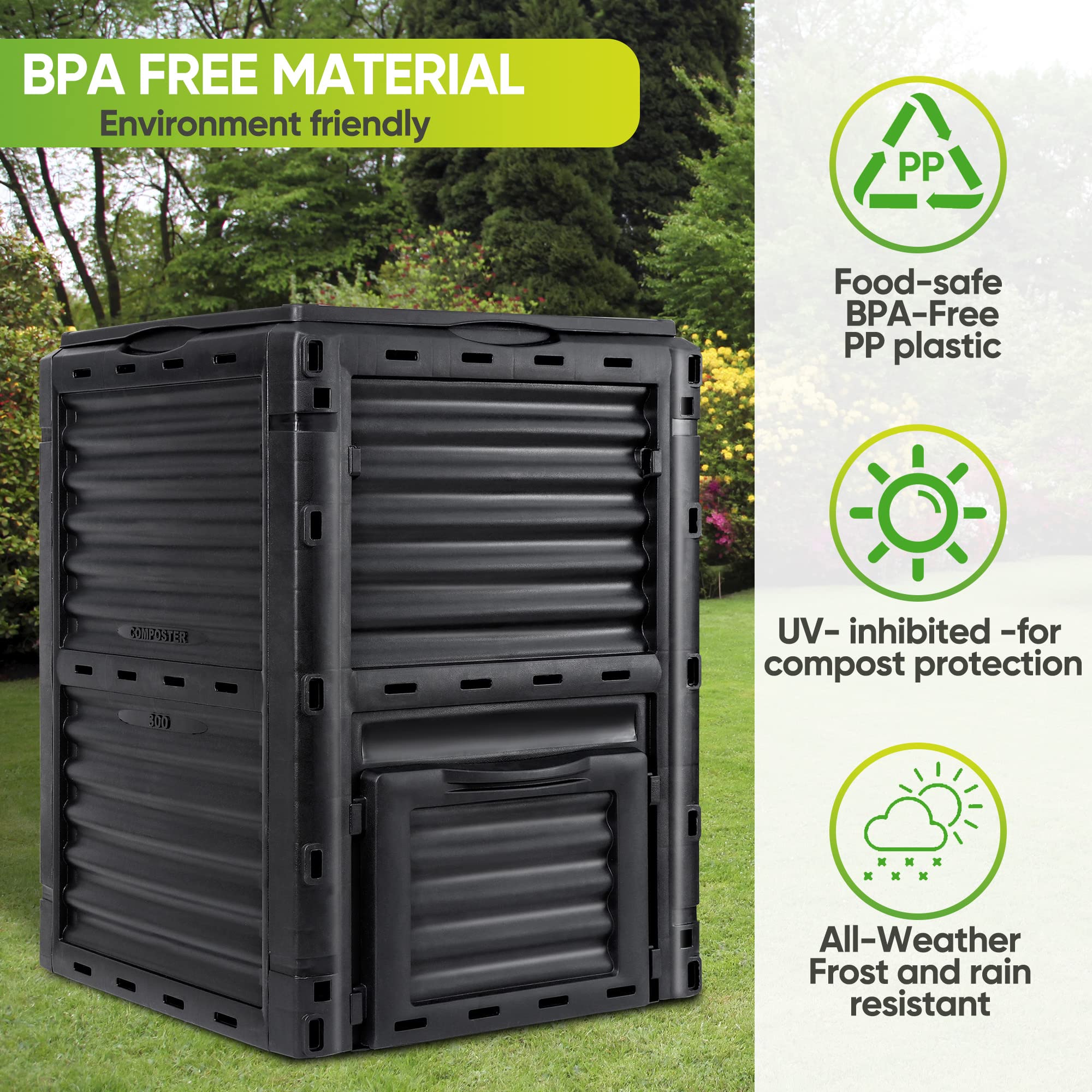 LEMY Garden Compost Bin, 80 Gallon Outdoor Compost Box for Fast Creation of Fertile Soil, Large Capacity, Black