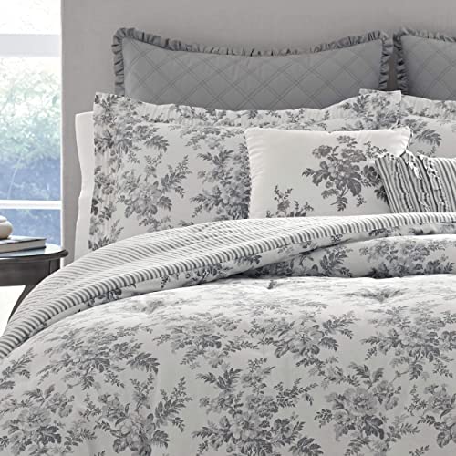 Laura Ashley- King Duvet Cover Set, Reversible Cotton Bedding Set, Includes Matching Sham(s) with Bonus Euro Sham(s) & Throw Pillow Covers (Annalise Floral Grey, King)