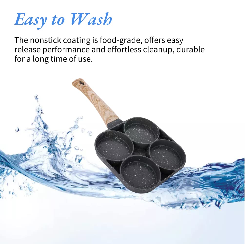 APPO 4 Hole Egg Pan, Non-Stick Pan with Wooden Handle, Work with Open Flame and Gas Stove, Suitable for Egg Burger, Grey Black, 15''L x 7.36'' W, each round egg area:3.5''Dia