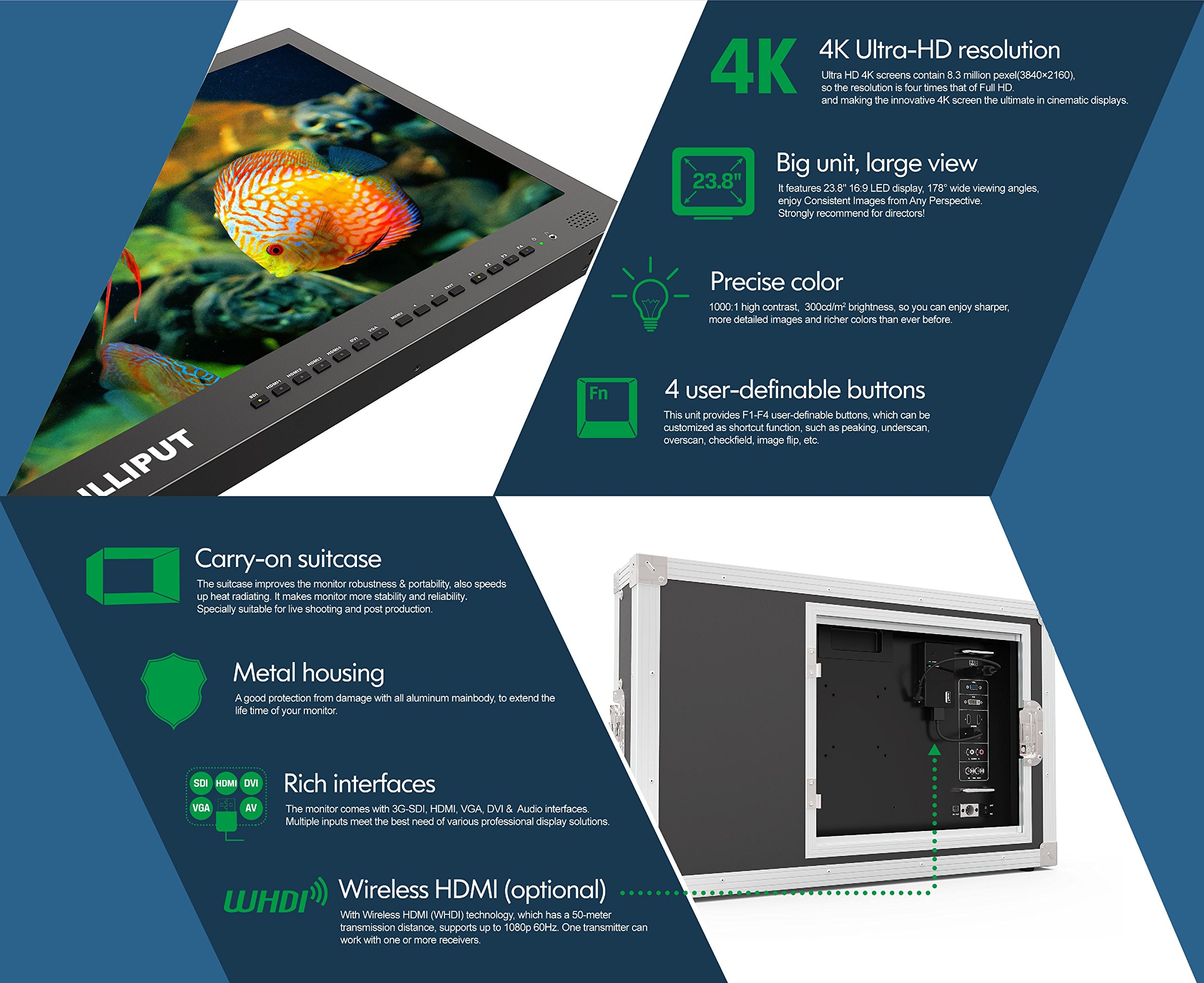 LILLIPUT BM230-4K 23.8" 4K 3840×2160 Ultra-HD resolution, 1000:1 Contrast Ratio, 25ms Response Time with Carry-on Metal case 3G-SDI, HDMI, VGA, AV input by VIVITEQ