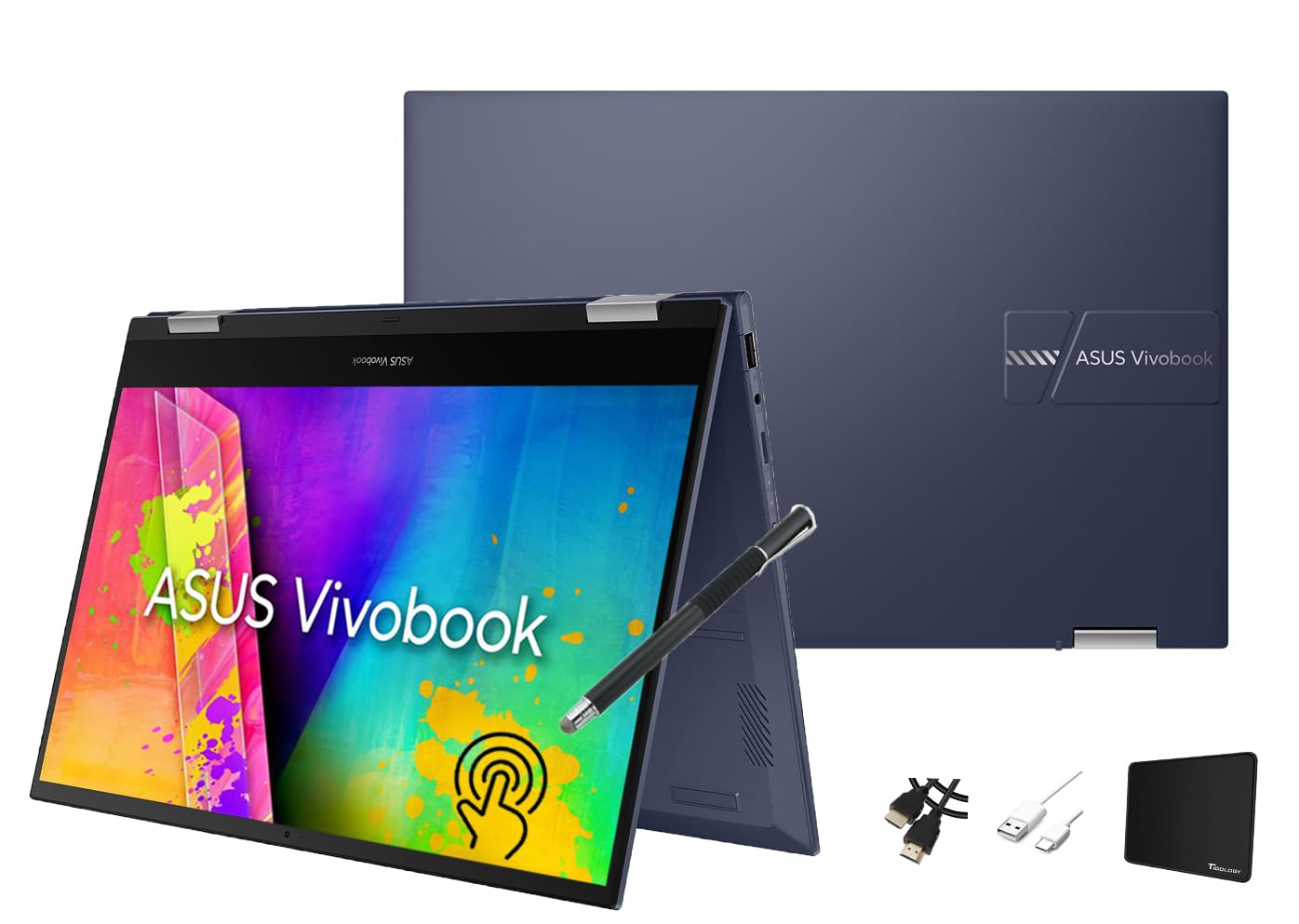 ASUS VivoBook 14 inch 2-in-1 Laptop, HD Touchscreen, Intel Celeron N4500, 4GB RAM, 64GB eMMC + 512GB SSD, NumberPad, Windows 11, 1-Year Microsoft 365 Personal, Quiet Blue with Accessories