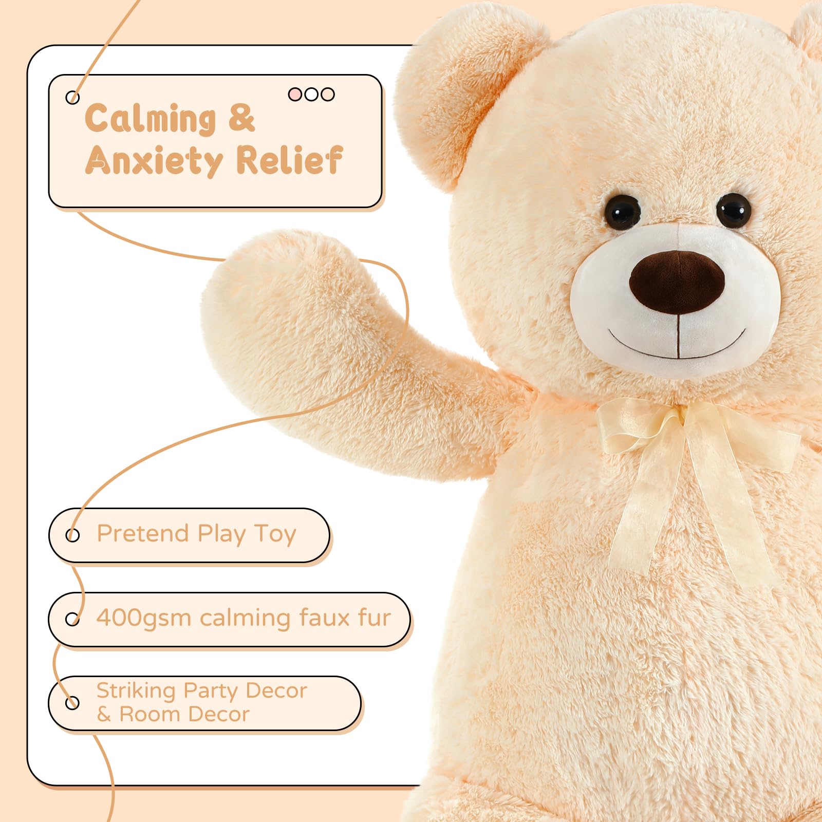 DOLDOA 36" Giant Teddy Bear Soft Stuffed Animals Plush Big Bear Toy for Kids and Girlfriend (Beige)