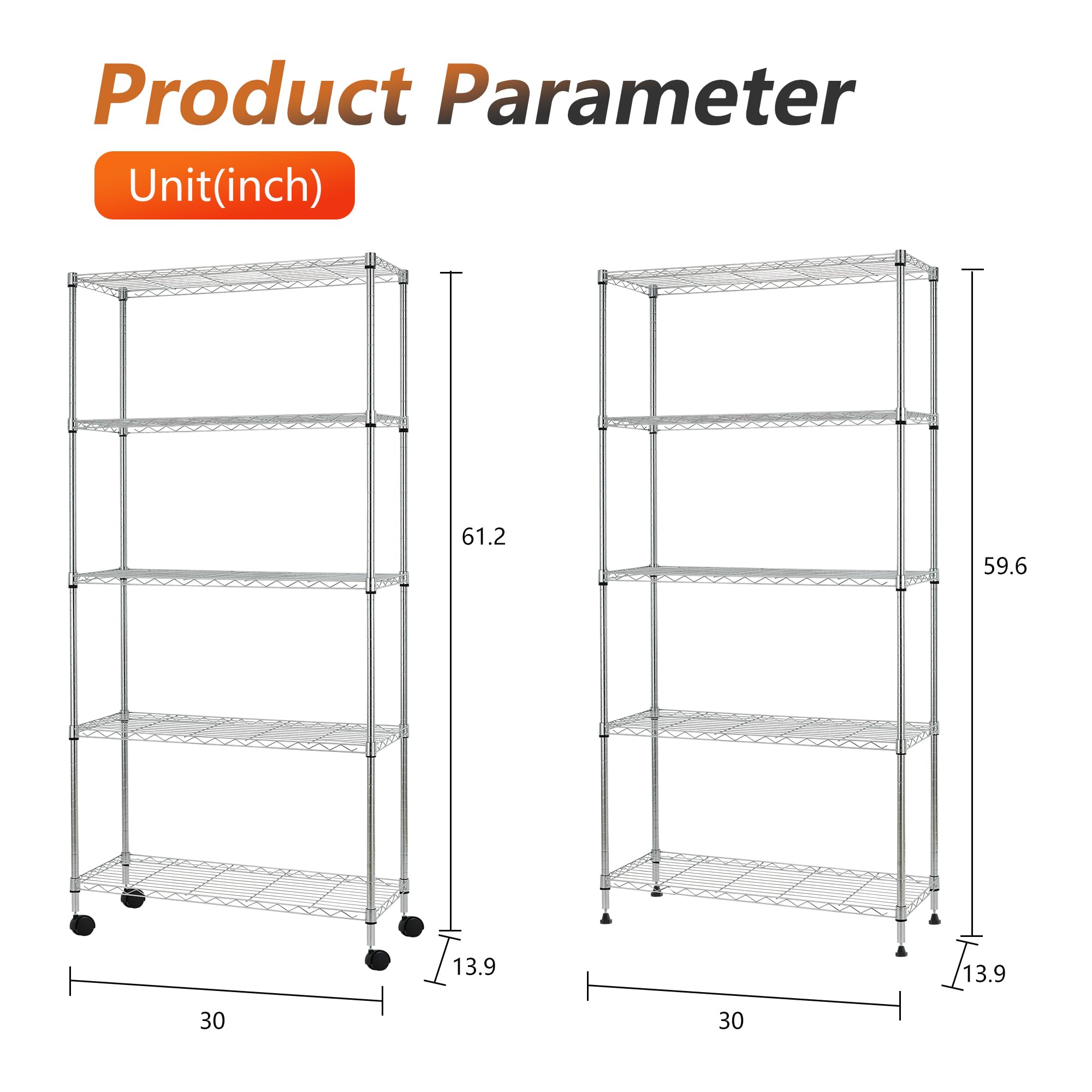 FDW Storage Shelves Adjustable Storage Rack Wire Shelf with Wheels Outstanding Load Metal 5 Tier Shelves Shelf Storage Solution for Small Spaces Multifunctional Easy Assembly,Chrome