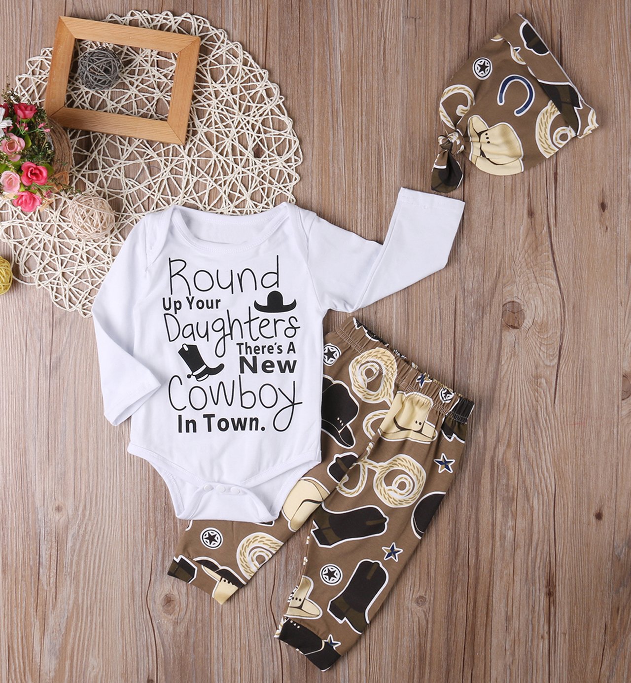 Lily.Pie Newborn Baby Boys Funny Bodysuits with Leggings Caps 3pcs Outfit Clothes (3-6M, Brown)