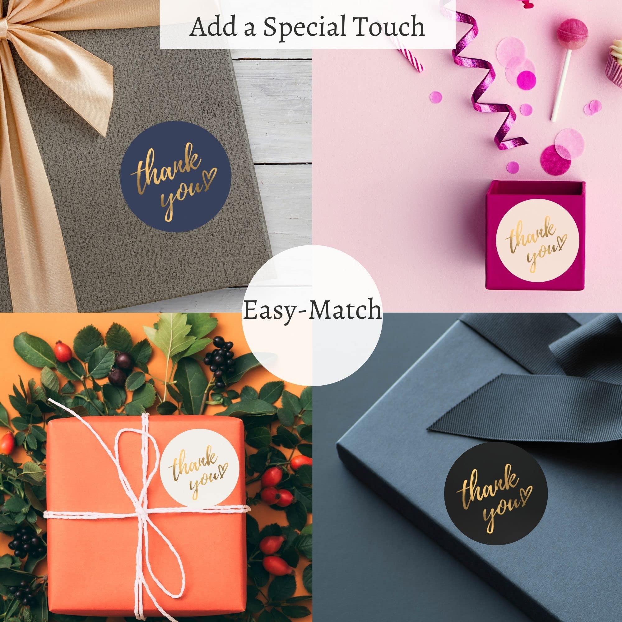 Mobiusea Party Thank You Stickers Roll | Simple and Sincere | 2 inch | Waterproof | 300 Labels for Small Business, Packaging, Mailer Seal Stickers | 4 Classic Colors with Gold Foil Design
