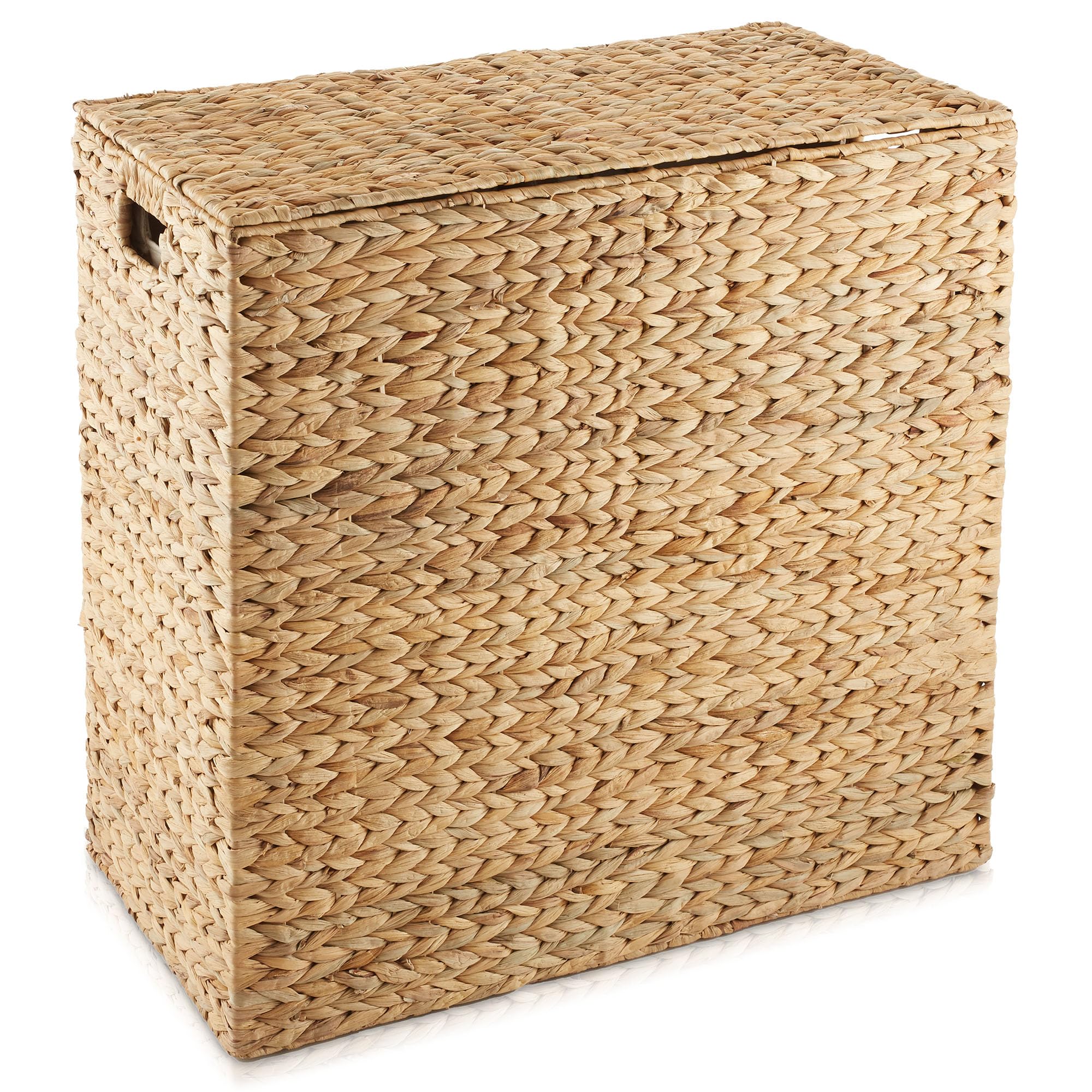 Casafield 2-Section Laundry Hamper with Removable Liner Bags - Natural, Woven Water Hyacinth Double Laundry Basket Sorter for Clothes and Towels