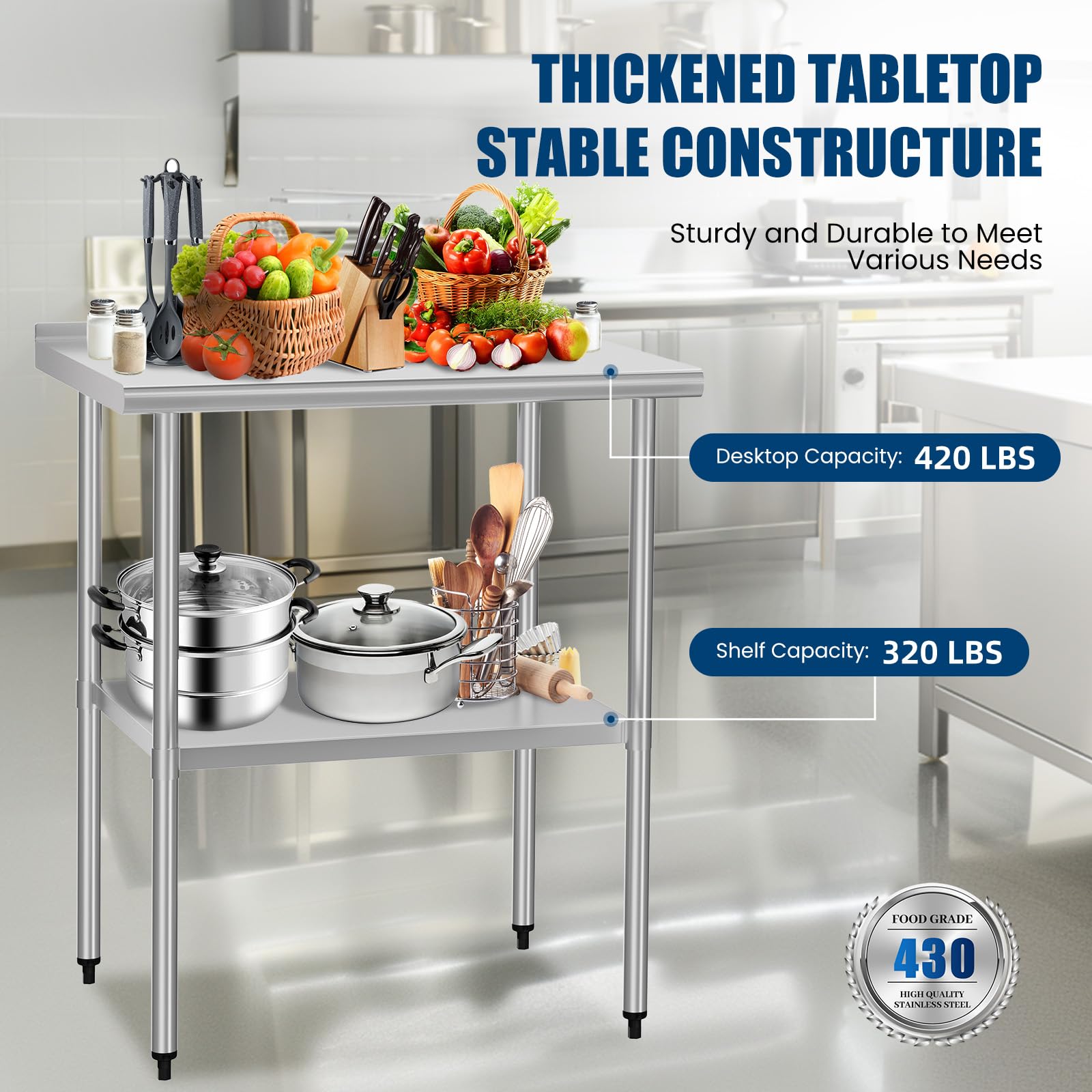 Chingoo Stainless Steel Table 24 x 30 Inches Metal Prep Table with Backsplash & Adjustable Undershelf, Stainless Table for Commercial Kitchen, Outdoor, Restaurant, Hotel & Garage